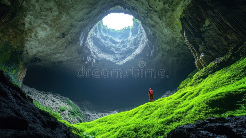 Person Exploring Giant Cave, Skylight, Moss Stock Illustration ...