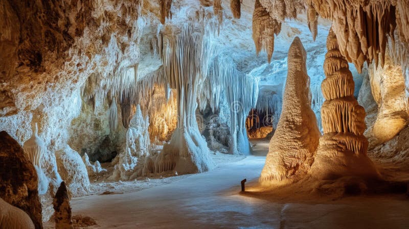 Person Exploring a Large Cave with Illuminated Stalagmites and ...
