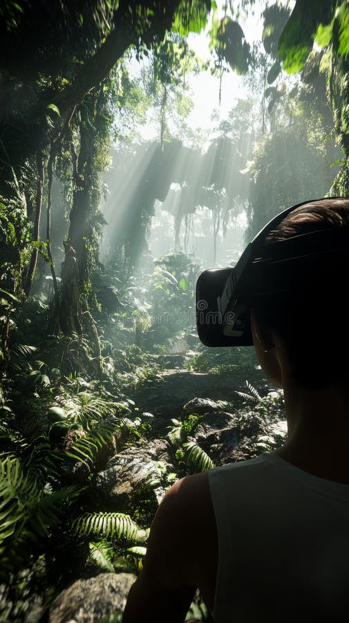 Person Exploring Lush Virtual Jungle with Sunlight Filtering through ...