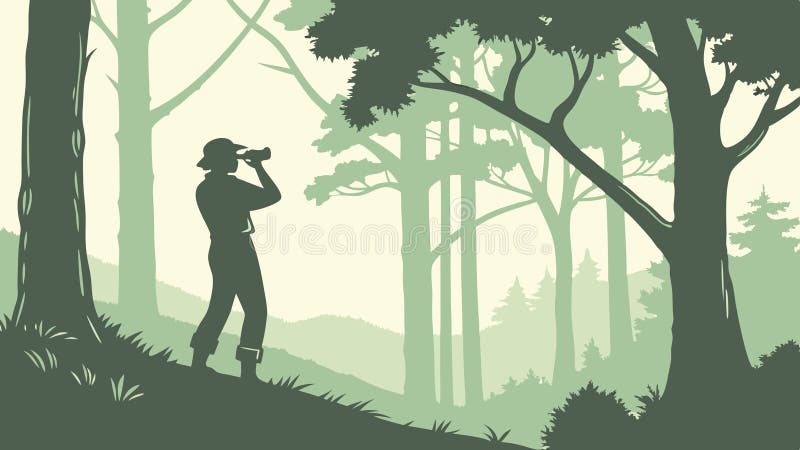 Person Exploring the Woods with Binoculars, Nature Watcher, Vector ...