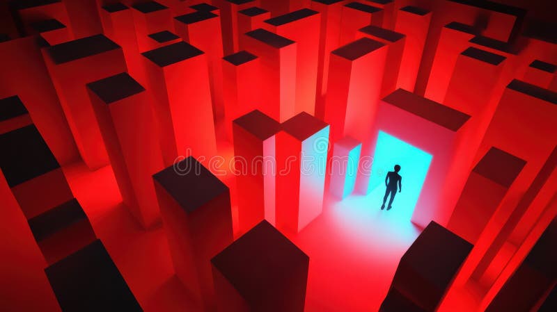 Person Facing Blue Door in Abstract Red Maze with Tall Structures Stock ...