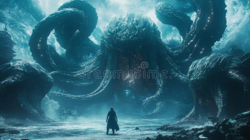 Person Facing a Colossal Dark Ocean Monster Stock Illustration ...