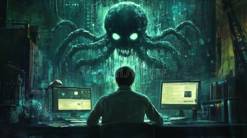 Person Facing Large Digital Octopus on Monitors Stock Photo - Image of ...