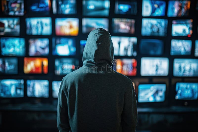 Person Facing a Wall of Screens Stock Illustration - Illustration of ...