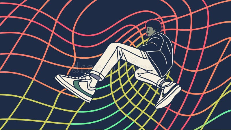 A Person Falling through a Surreal, Warped Digital Grid Space. Vector ...
