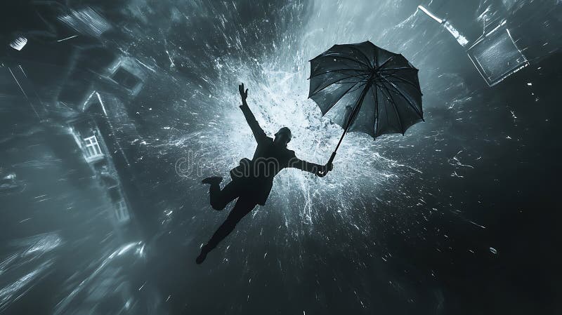 Person Falling with Umbrella in Surreal Dark Environment Stock ...