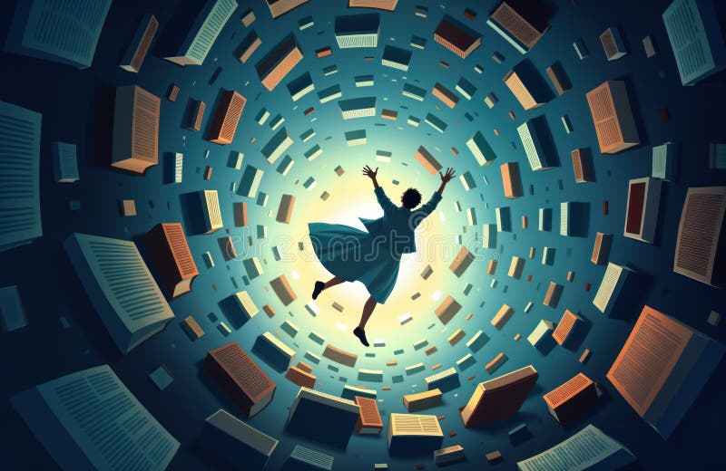 Person Falling into Vortex of Books. Imaginative Illustration ...
