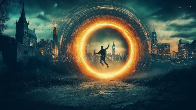 A Person Falls through a Glowing Rift in Space-time with Layered City ...