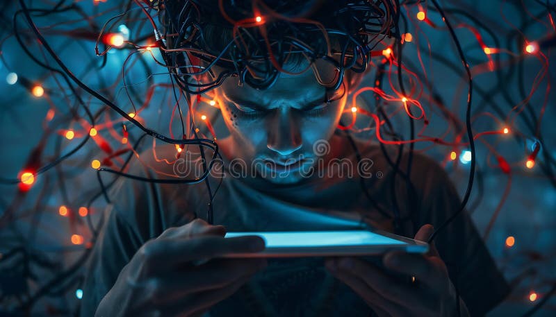 A Person Fascinated by Using a Tablet Surrounded by a Network of Light ...