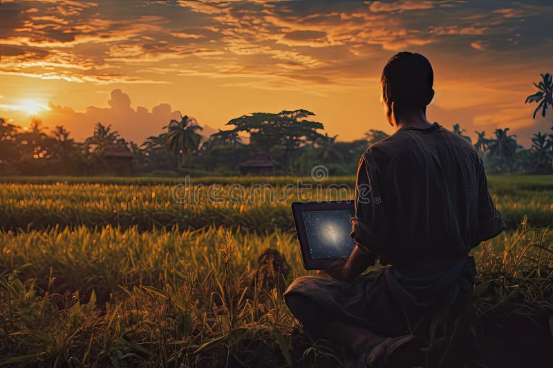 A Person in a Field Holding a Tablet at Sunset Stock Image - Image of ...