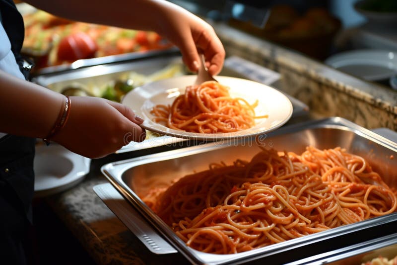 Person Filling a Plate with Pasta from a Buffet Stock Image - Image of ...