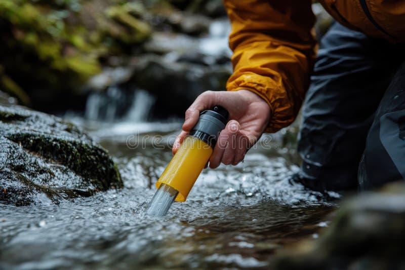 Person Filling Water Bottle from Stream Using a Filter Stock ...