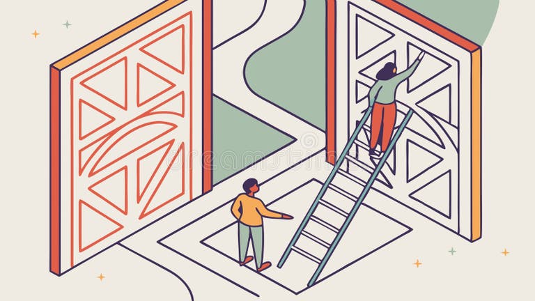 Person Finding Exit in Maze of Doors, Challenge Solution, Vector Design ...