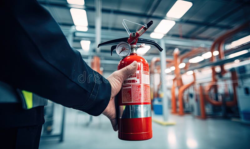 Person with Fire Extinguisher Ready To Tackle Warehouse Emergencies ...