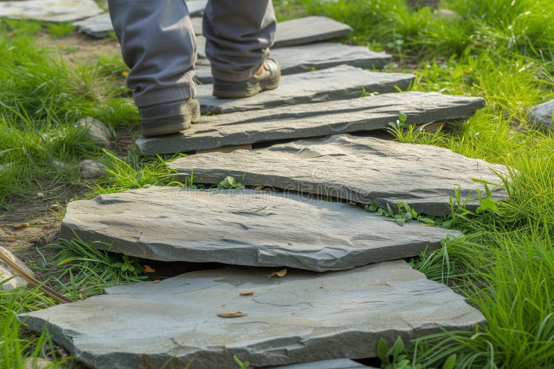 Person Fitting Stone Slabs in a Garden Pathway with Green Grass Around ...