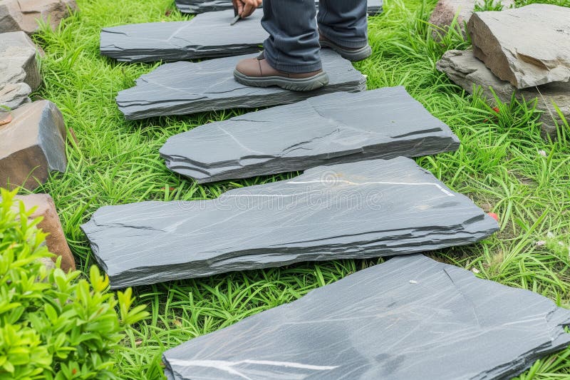 Person Fitting Stone Slabs in a Garden Pathway with Green Grass Around ...