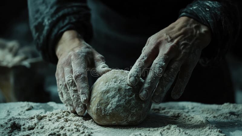 Hands Kneading Dough on a Floured Surface in Dim Lighting, AI Stock ...