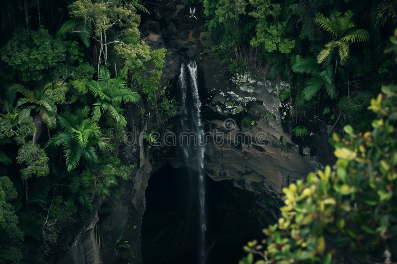 Person Flying Over a Small Waterfall Visible through Rainforest Gap ...