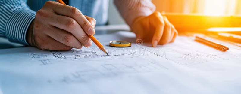 Person is Focused on Analyzing Architectural Plans with Pencil and ...