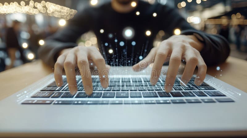 A Person is Focused on Typing on a Laptop, Illuminated by Vibrant ...