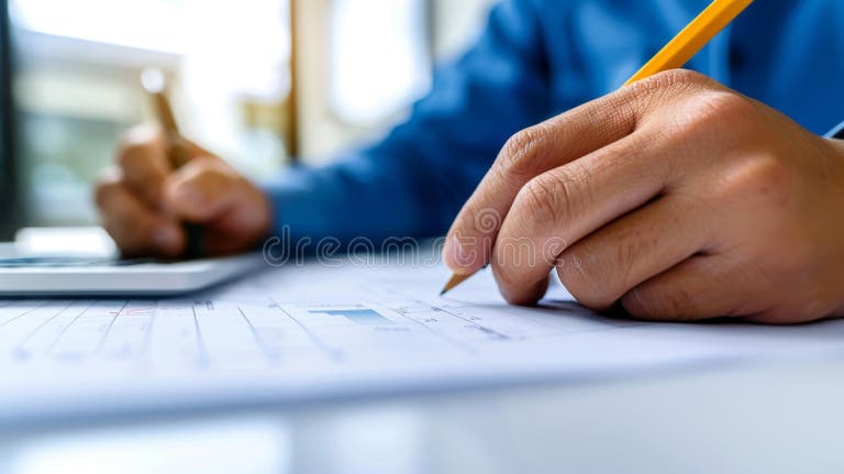 A Person is Focused on Writing and Completing Tasks Using a Pencil and ...