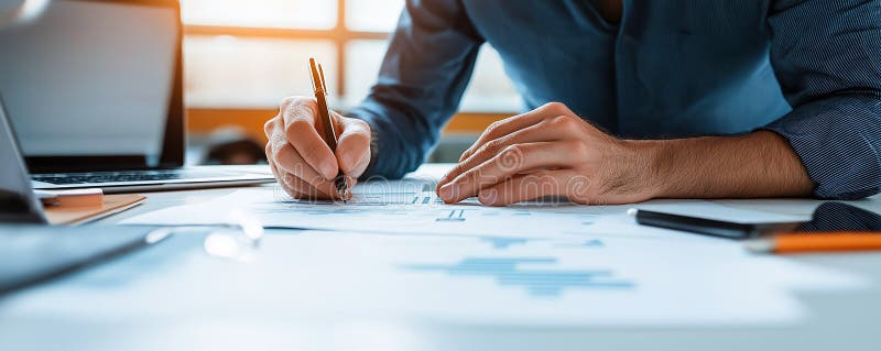 A Person is Focused on Writing Notes on Document at Desk Surrounded by ...