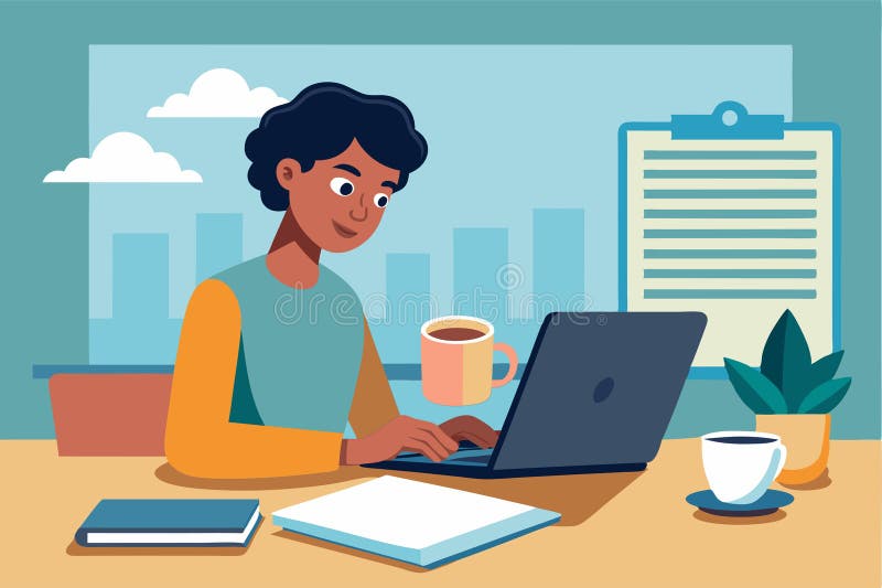 A Person Focuses on Their Laptop, Sipping Coffee and Checking Documents ...