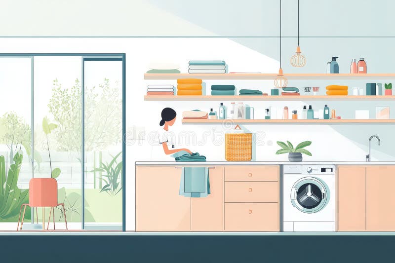 Stylish Laundry Room Scene stock illustration. Illustration of chores ...