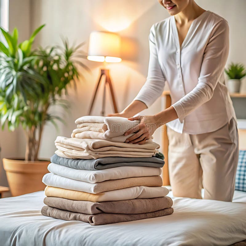 Person Folding Stack of Fresh Laundry on Bed Stock Illustration ...