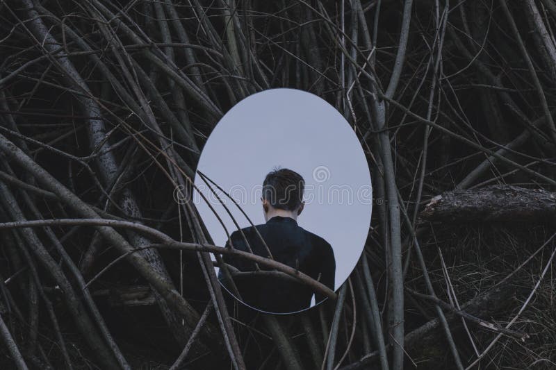 Person in Front of Mirror that Reflect His Back, Dark Concept Stock ...