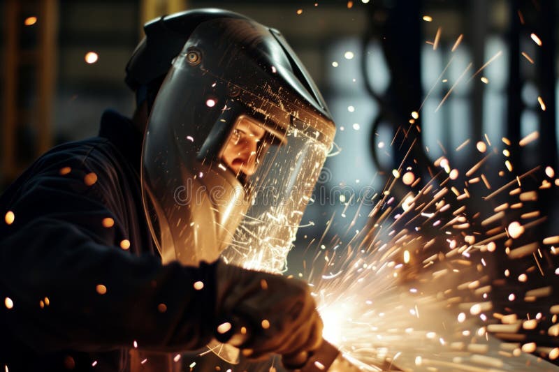 Person in Fullface Shield Grinding Metal with Sparks Stock Photo ...