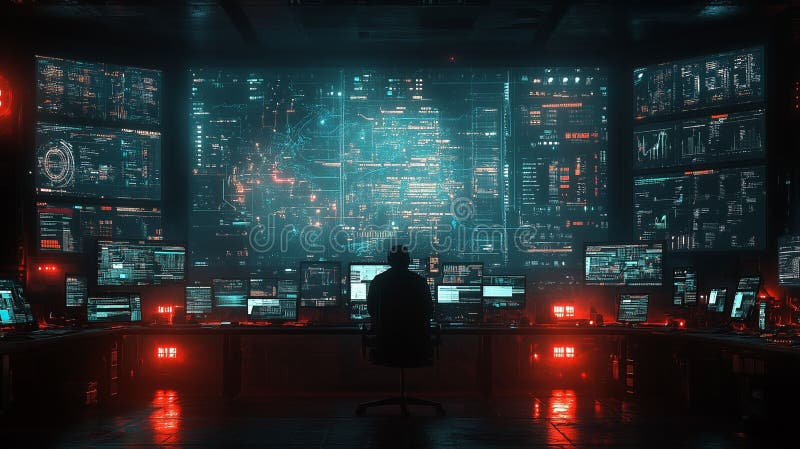 Person in a Futuristic Control Room with Multiple Screens. Stock ...