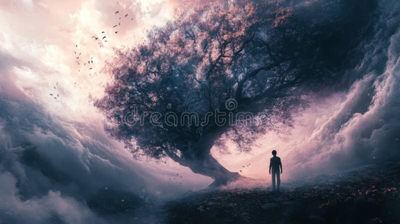 Person Gazing at Immense Purple Tree Under a Dramatic Sunset Sky Stock ...