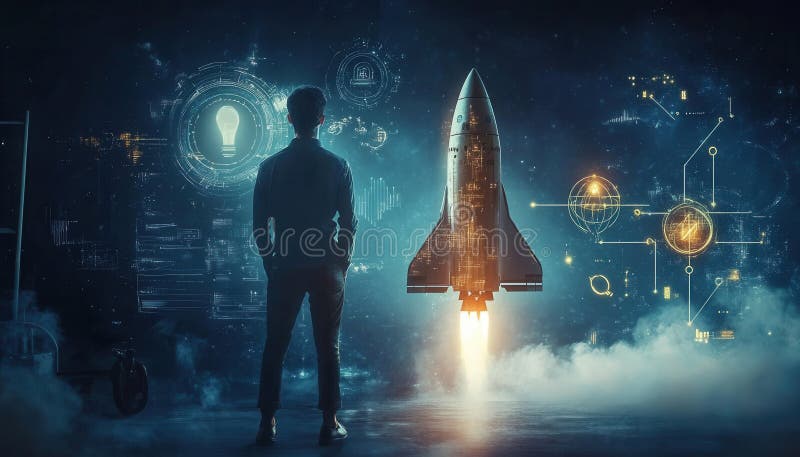 Person Gazing at a Rocket Launch with Digital Graphics in a Futuristic ...