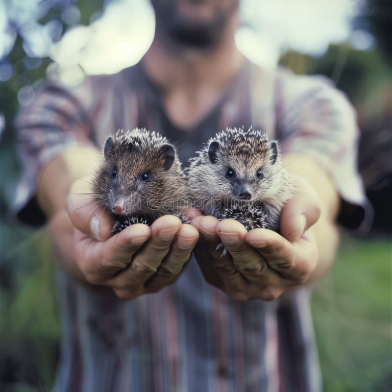 Two Hedgehogs Being Held Gently by a Person in a Natural Outdoor ...