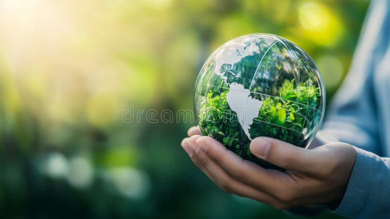 Person Holding Clear Globe with Green Plants and Nature Background ...