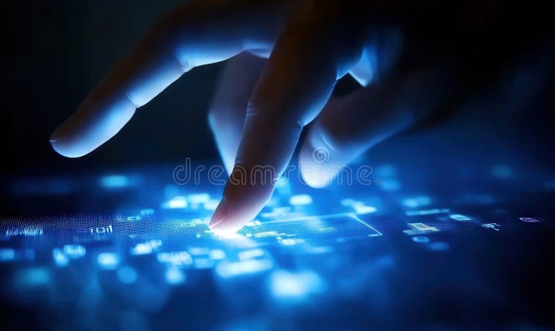 A Person is Gently Touching a Blue Light with Their Finger Tip Stock ...