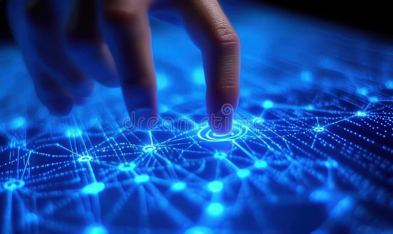 A Person is Gently Touching a Blue Light with Their Finger Tip Stock ...