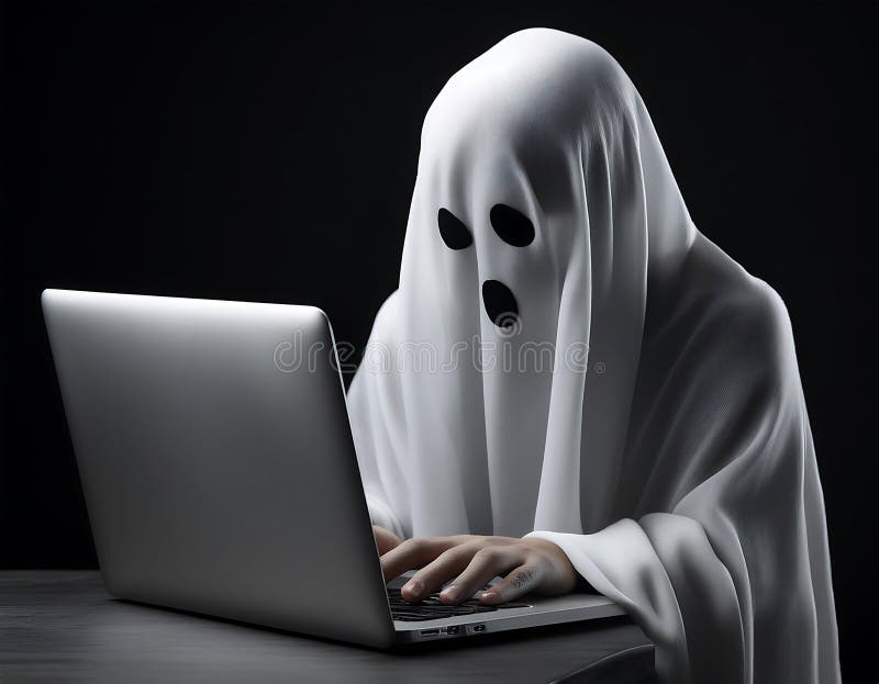 A Person in a Ghost Costume Using a Laptop at Night, Blending Spooky ...