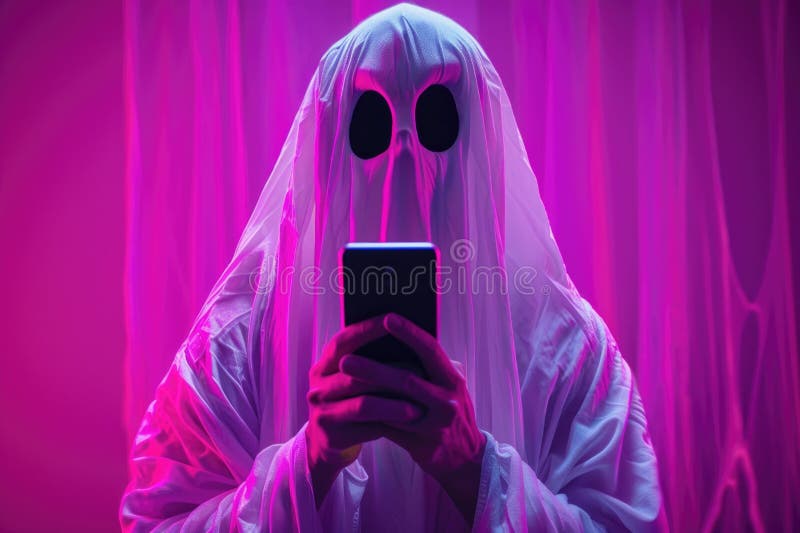 Person in Ghost Costume Using Smartphone with Vibrant Pink Background ...