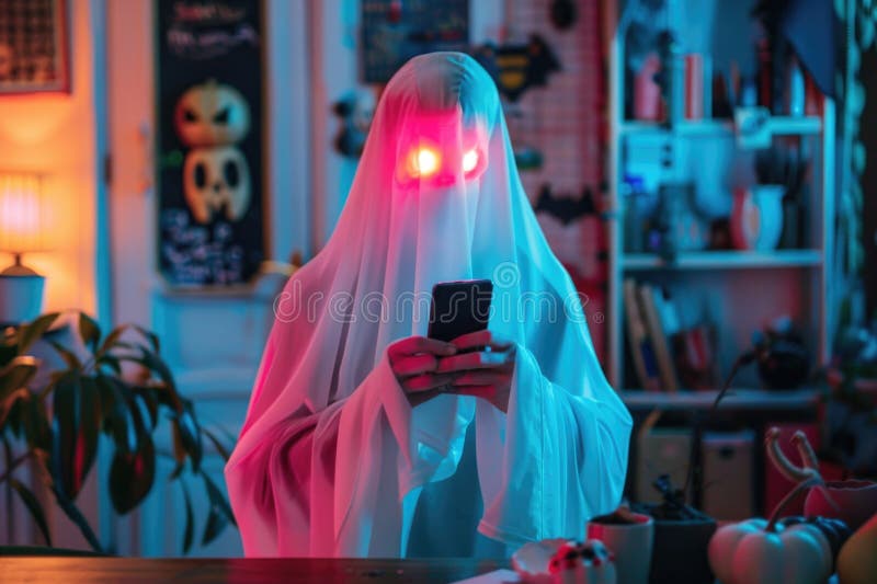 Person in Ghost Costume Using Smartphone with Vibrant Pink Background ...