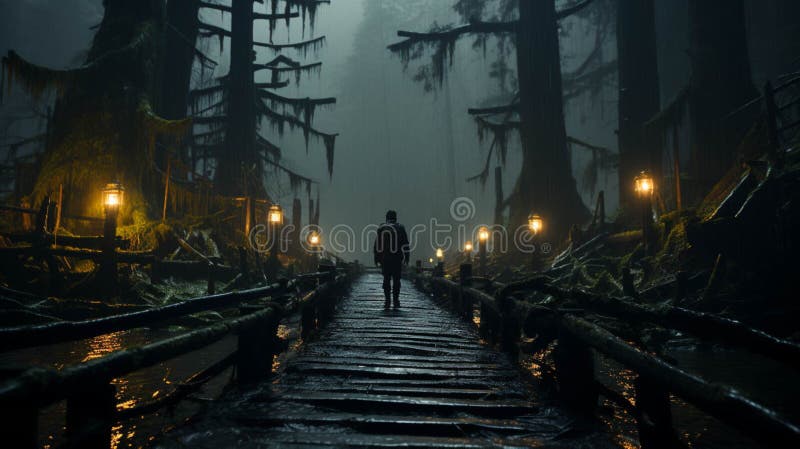 A Person Going on the Wooden Bridge in a Dark Spooky Forest at Night ...