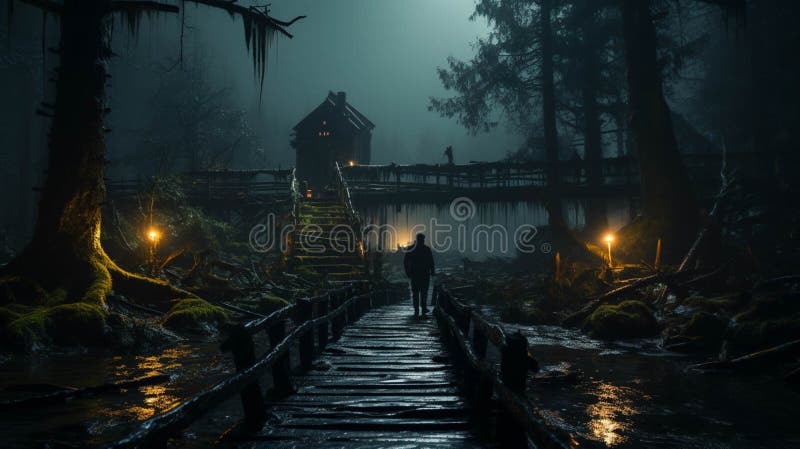 A Person Going on the Wooden Bridge in a Dark Spooky Forest at Night ...