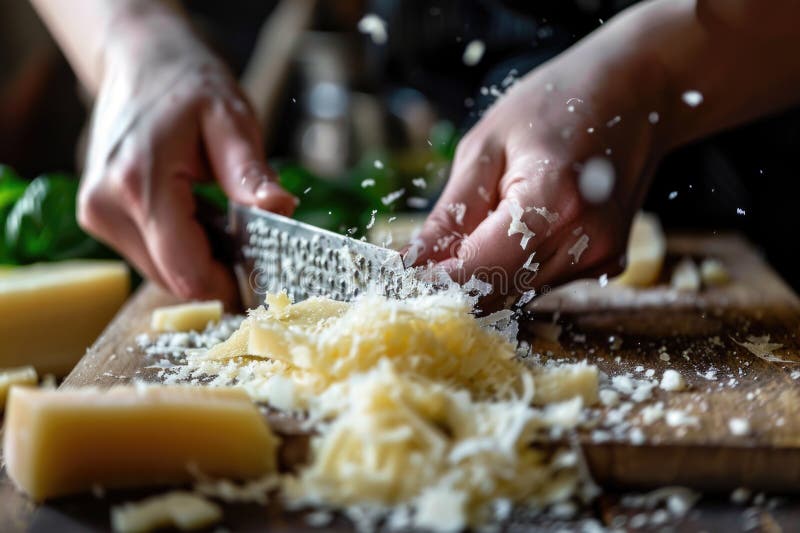 A Person is Grating Cheese on a Cutting Board, Ready for Use in Various ...