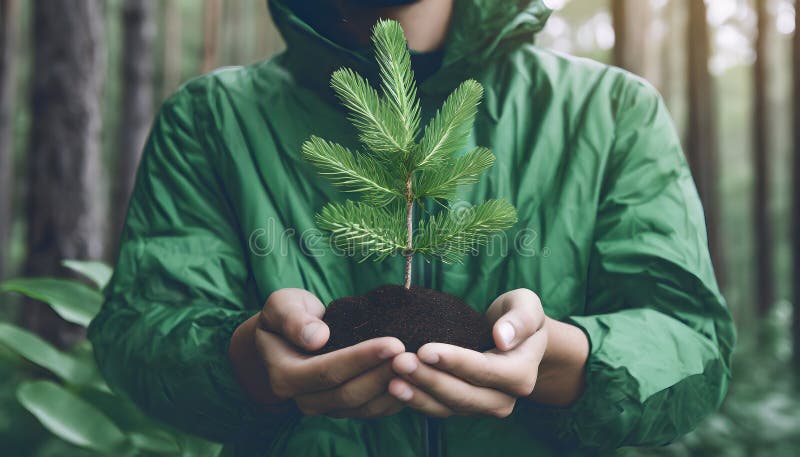 A Person in a Green Jacket Holding a Small Tree Sapling with Soil in ...