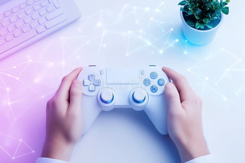 A Person Grips a Sleek White Gaming Controller while Sitting at a Tidy ...