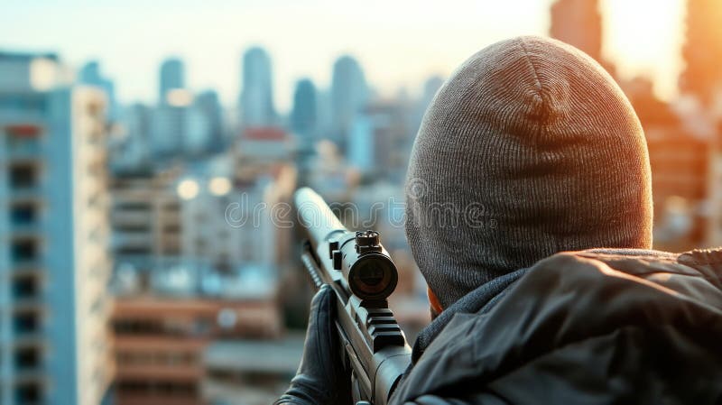 A Person with a Gun Looking Out Over the City, AI Stock Image - Image ...