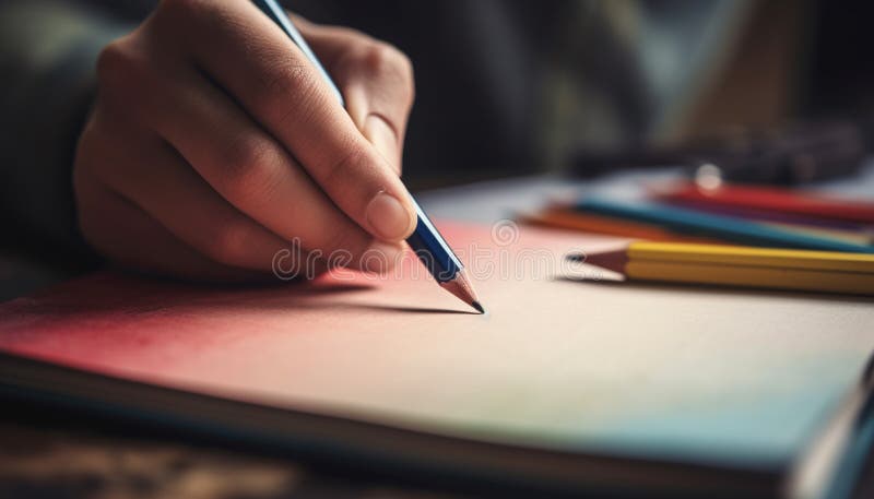 A Person Hand Holding a Pencil, Drawing on Paper Generated by AI Stock ...