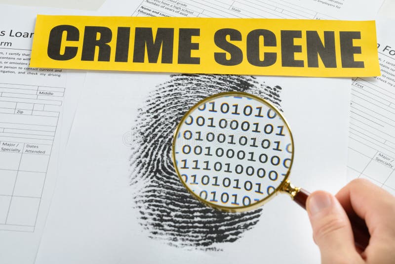Person Hand with Magnifying Glass and Crime Scene Tape Stock Photo ...