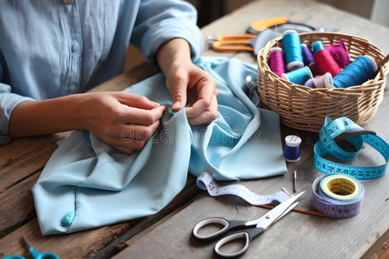 Person Hand Sewing Light Blue Fabric on Table with Sewing Tools and ...